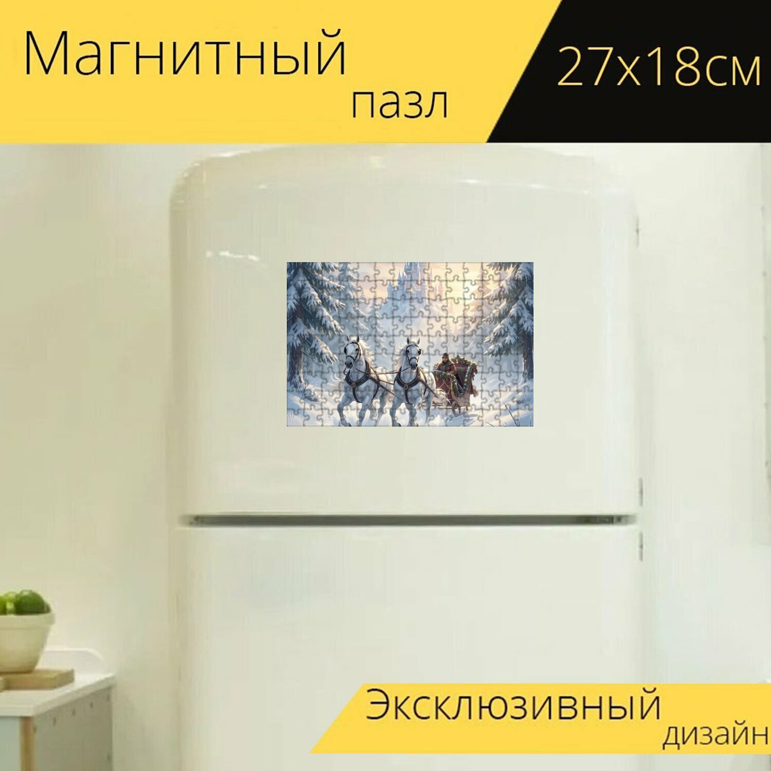 Магнитный пазл "Зимняя сказка с белыми конями. Снежный лес, парящая над холмами башенная резиденция и запряжённые белые скакуны с санями. Волшебная." на холодильник 27 x 18 см.