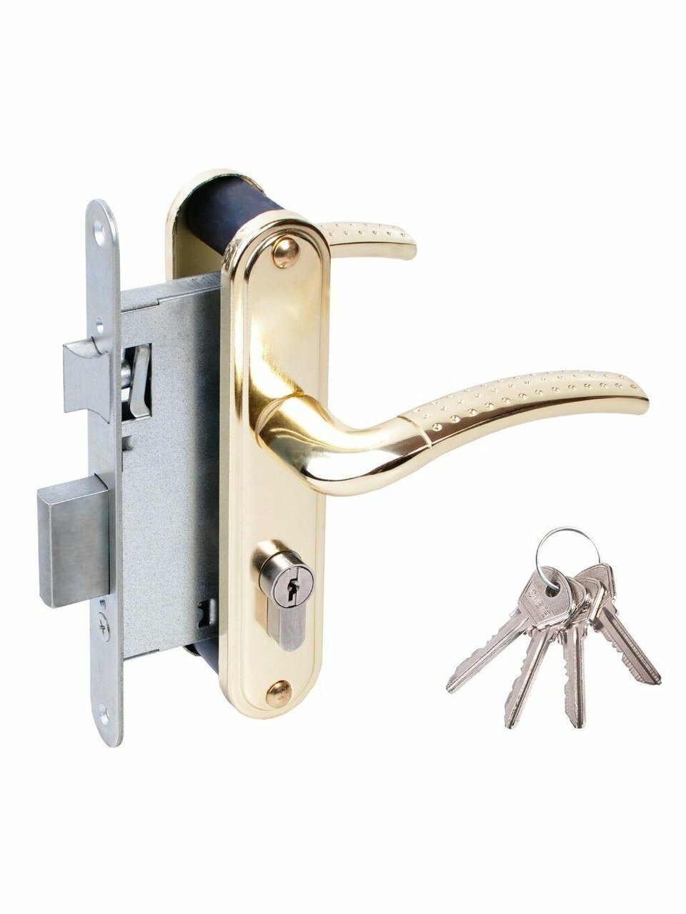 Замок врезной Омега ЗВ4-55.27 с ручкой, цилиндровый, золотой лак, 4 ключа, межосевое расстояние 55 мм, Россия