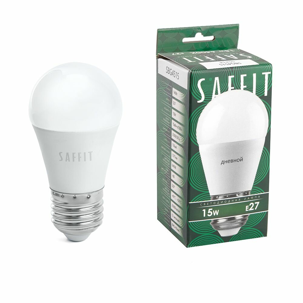 Лампа светодиодная E27 15 Вт G45 шар дневной белый свет 6400K Saffit SBG4515 55214