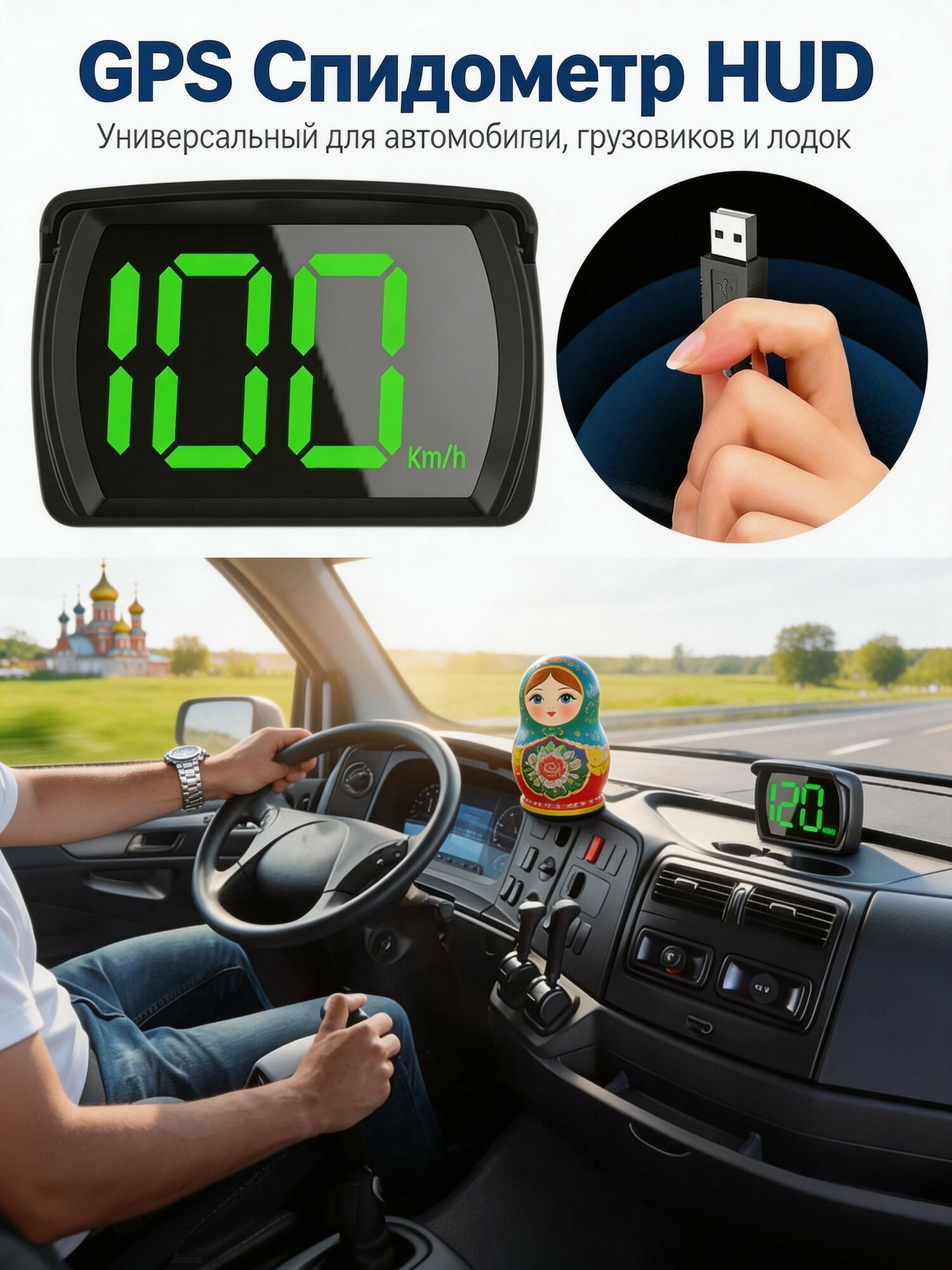 GPS спидометр проекционный HUD для автомобиля, грузовой техники, мототехники и лодок с USB питанием и ярким LED экраном