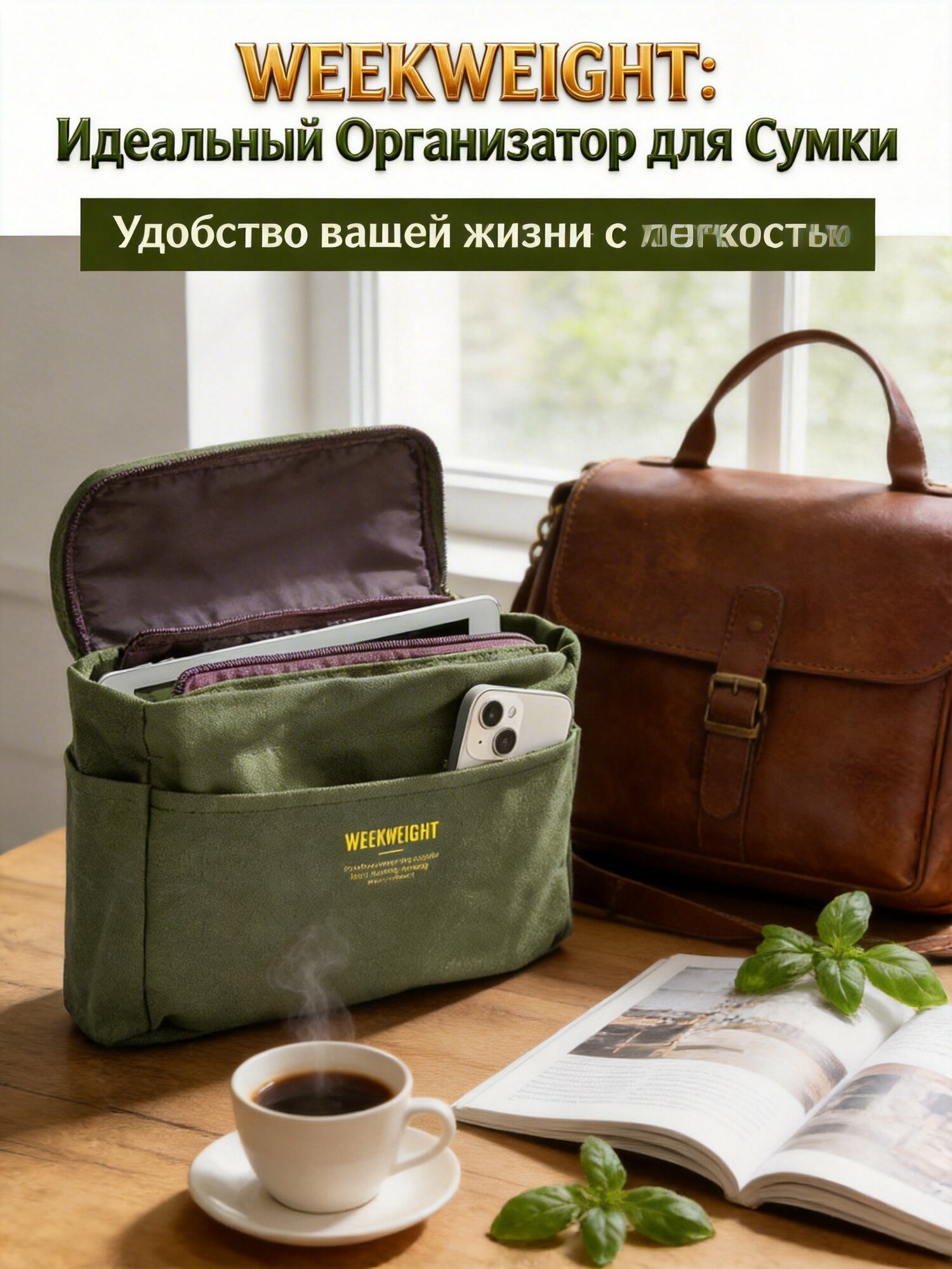 Органайзер Weekeight для женской сумки, вкладыш на молнии для рюкзака и авоськи из холщовой ткани с нейлоновой подкладкой, зеленый