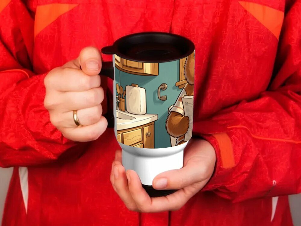 Тремокружка для авто с принтом "Медвежонок с газетой в ванной. Милый мультяшный бурый мишка сидит на унитазе и читает газету в уютной ванной комнате. Тёплые деревянные." 0.5 л.