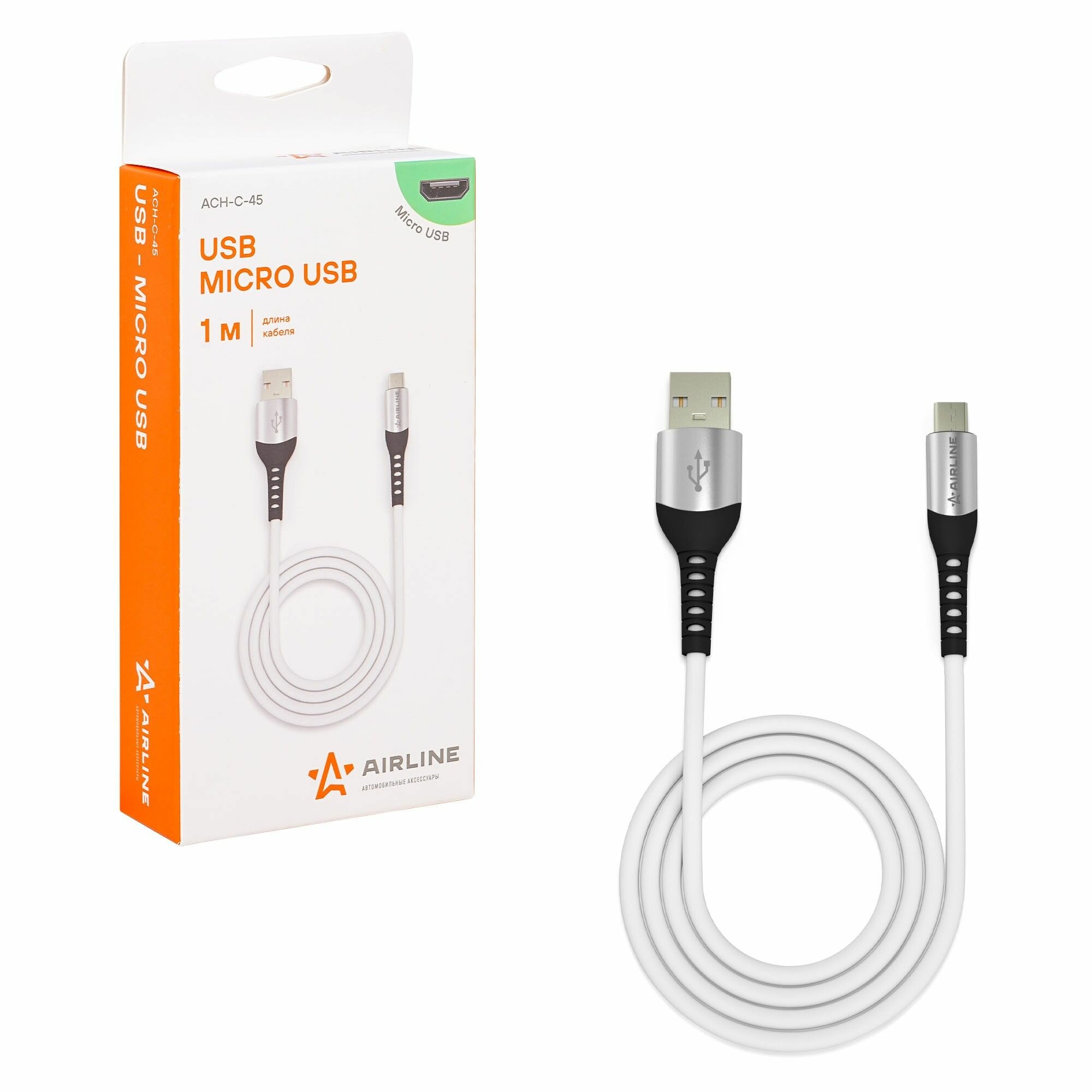 Зарядный датакабель USB micro USB (1м), белый Soft Touch (AIRLINE) ACH C 45