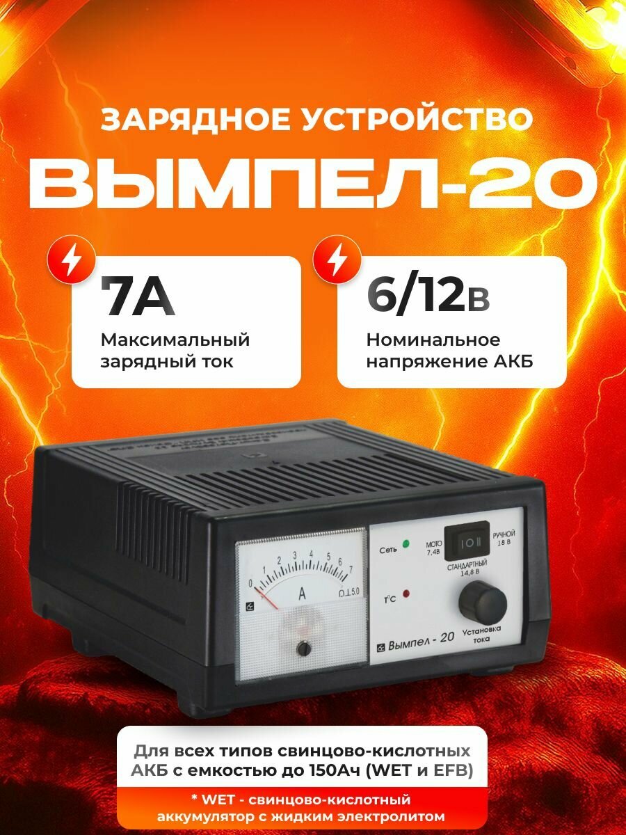 Зарядное устройство 7A 6 12V автоматическое (амперметр) (3 режима) Вымпел 20 (вымпел)