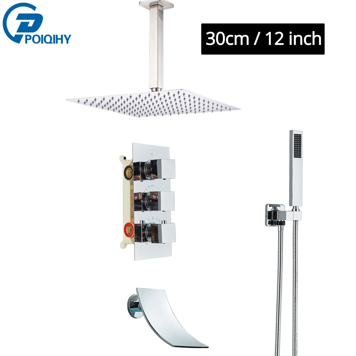 Хромированный термостатический душевой смеситель Скрытый душевая установка для ванны 3-хходовой смесительный кран для ванны Водопадный кран Купол 12 дюймов B2