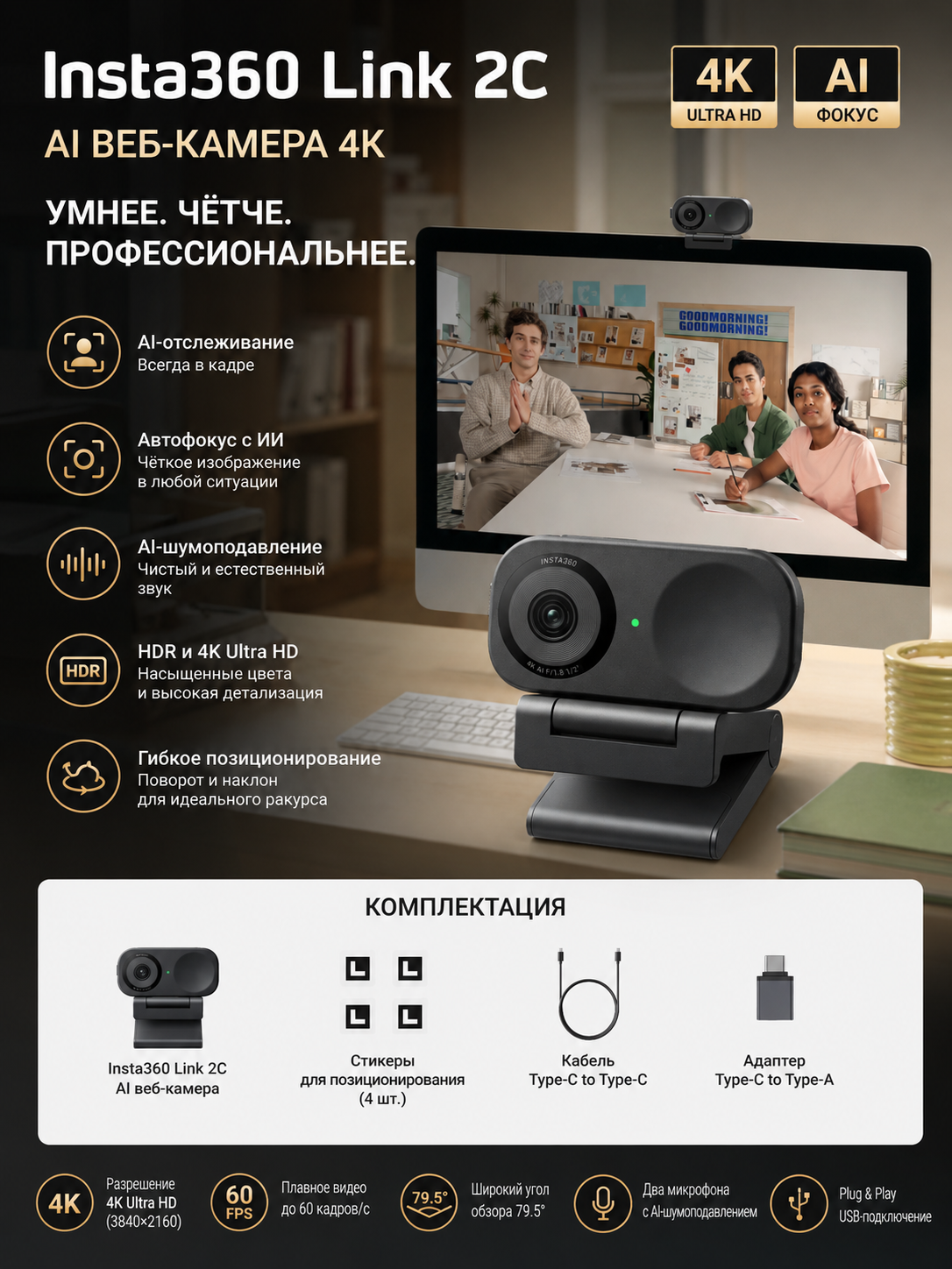 Insta360 Link 2C 4K AI веб-камера для ПК и Mac, автофокус, шумоподавление, HDR, USB-C, для стримов и видеозвонков