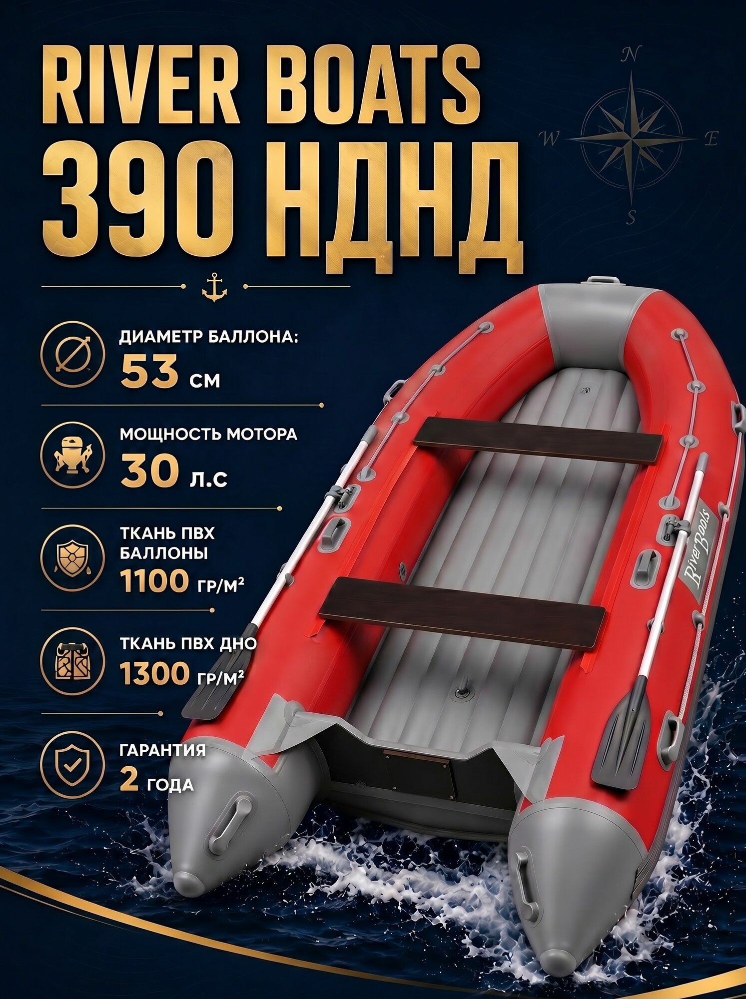 River Boats 390 НДНД серо-красная, надувная лодка ПВХ, надувное дно, семиместная, под мотор до 30 л. с, для рыбалки, охоты и прогулок