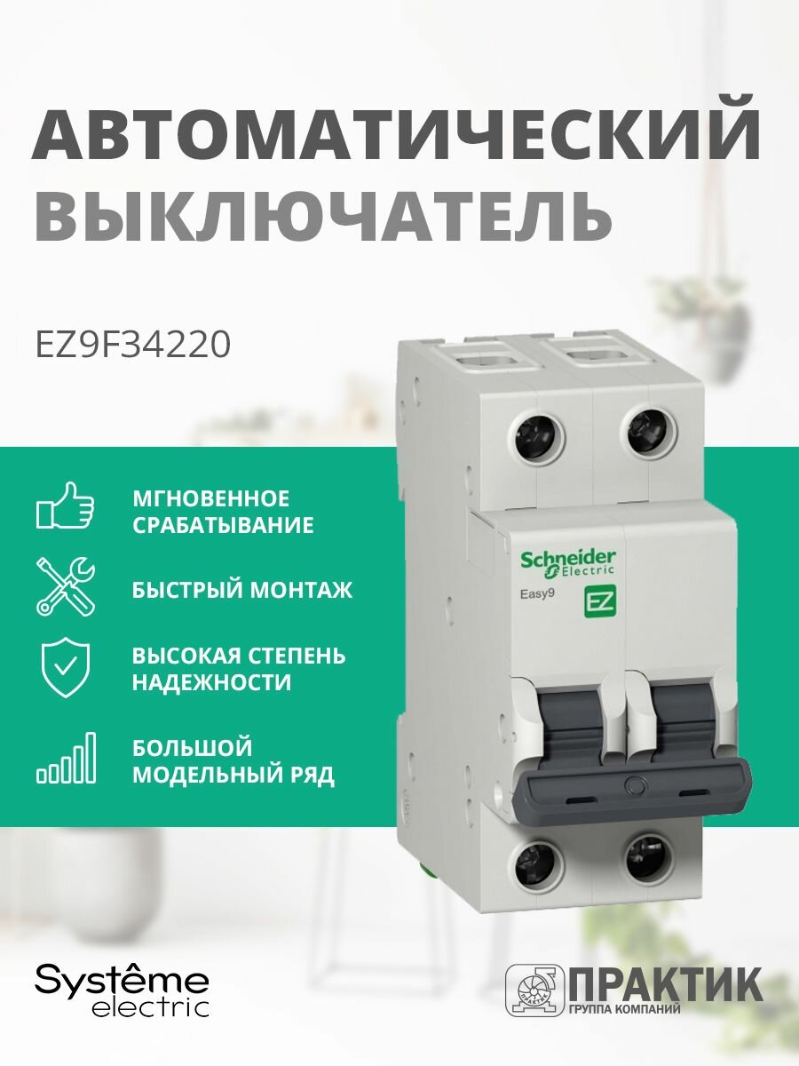 Автоматический выключатель Schneider Electric АВТ. Выкл. EASY 9 2П 20А С 4,5кА 230В SEZ9F34220