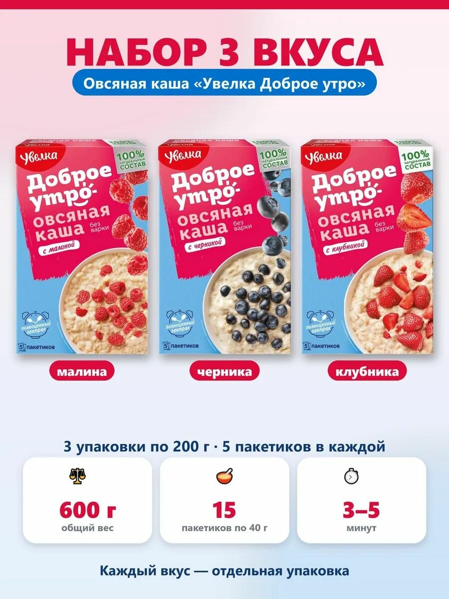 Овсяная каша быстрого приготовления Увелка Доброе утро набор малина черника клубника 600 г 15 пакетиков по 40 г