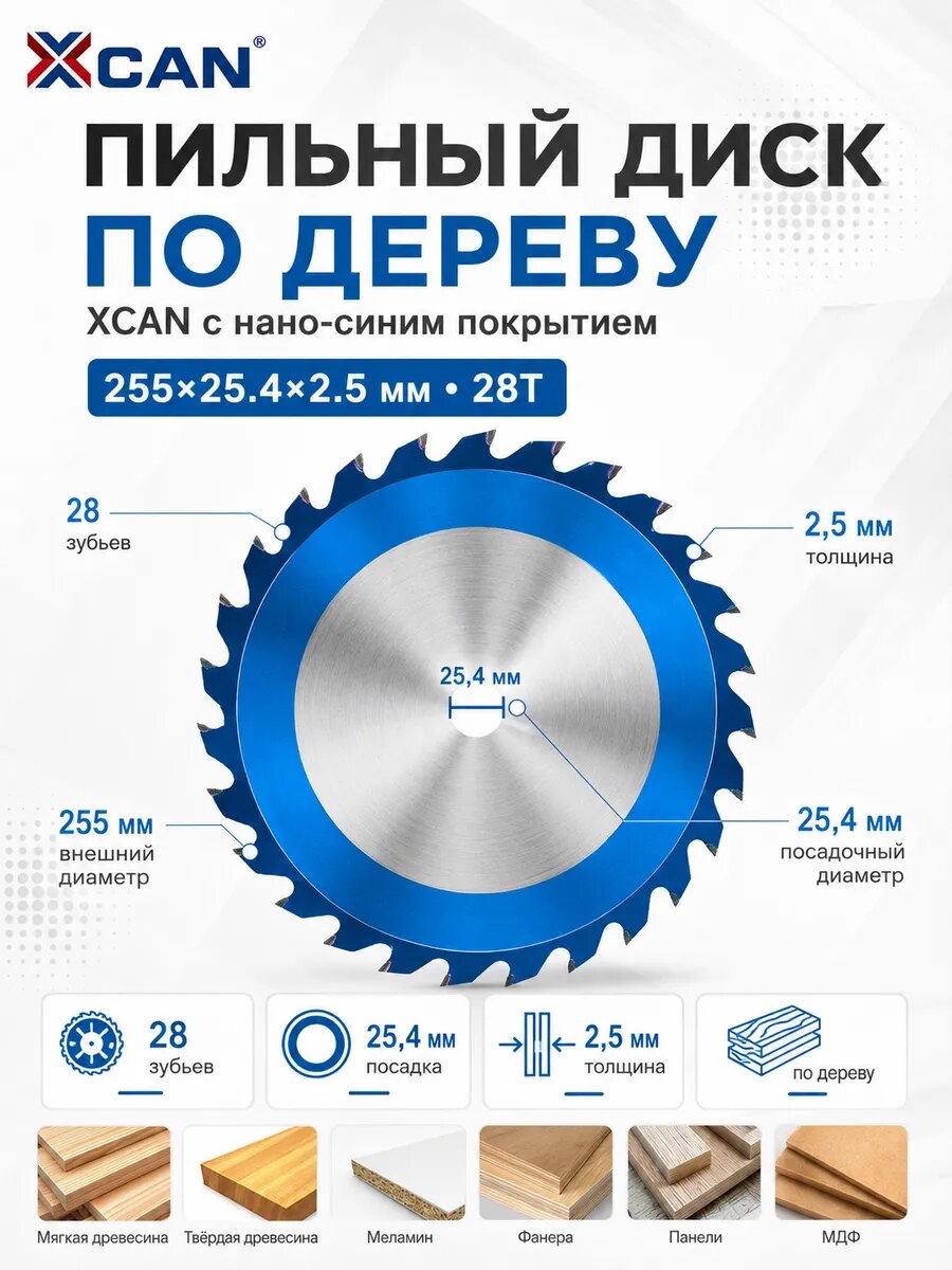 Пильный диск XCAN по дереву 255×25,4×2,5 мм, 28 зубьев TCT, нано-синее покрытие, твердосплавный, для циркулярной пилы
