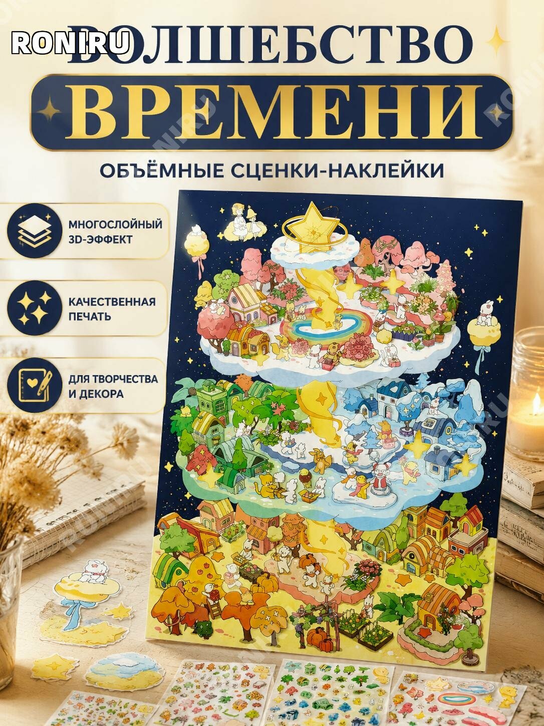 Наклейки PET Time Magic для ежедневника и скрапбукинга, винтажные3D сцены