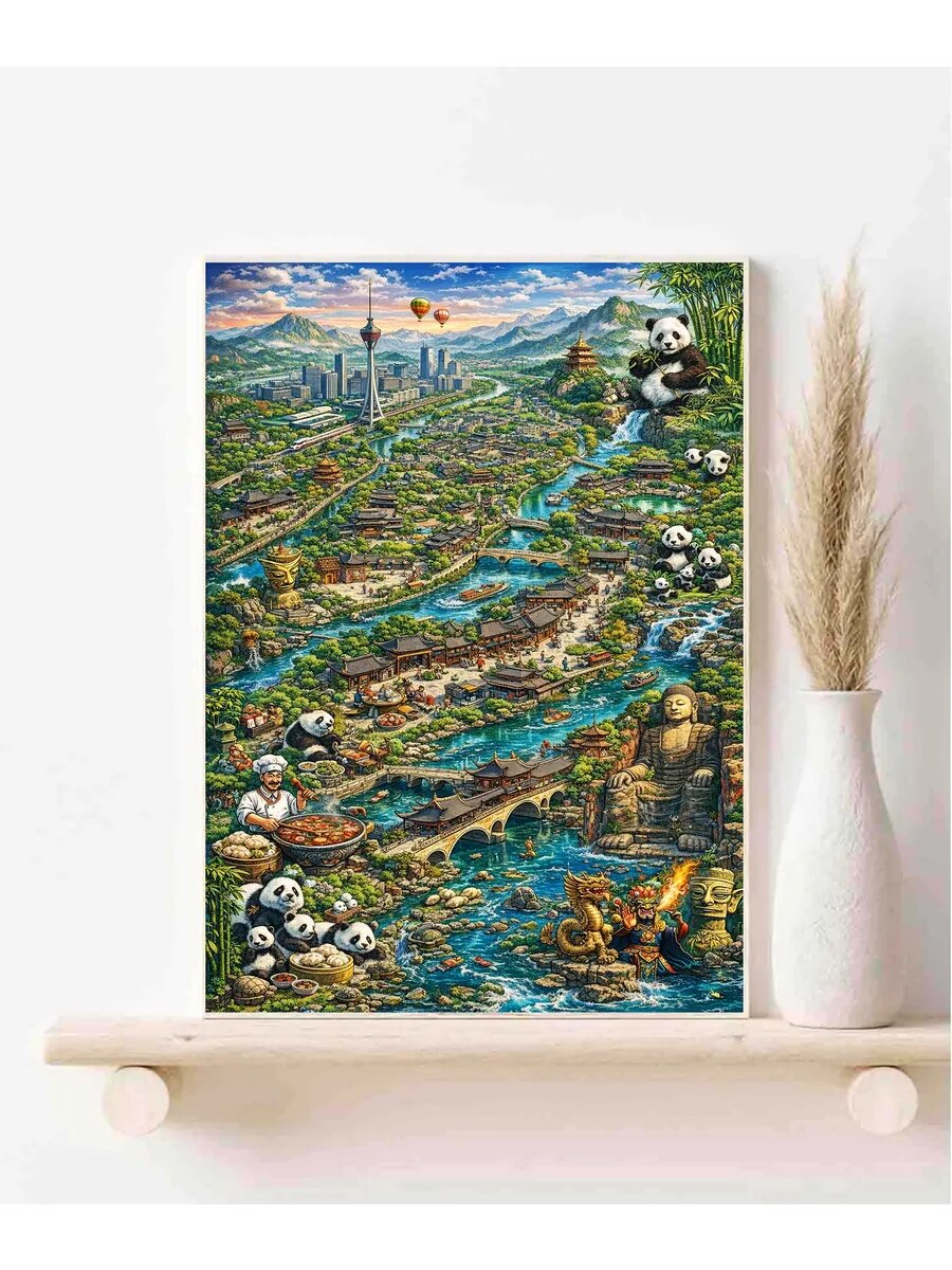 Чэнду, Китай, Fantasy Map, Карта, Плакат 30x42см