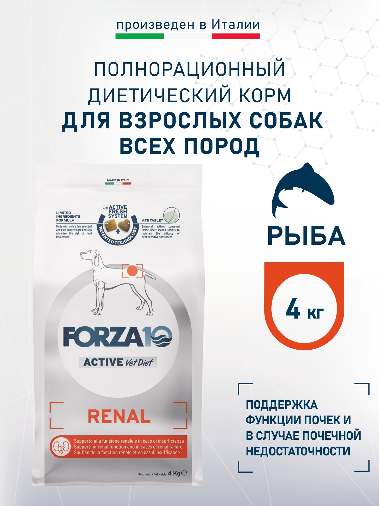 Корм сухой для собак FORZA10 Active Renal c рыбой, диетический с хронической почечной недостаточностью, 4 кг
