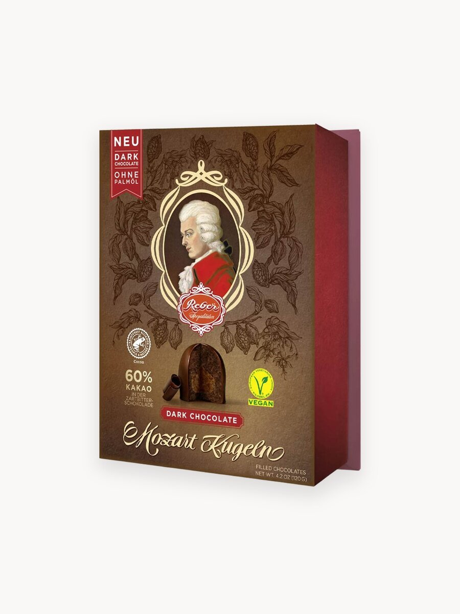 Конфеты шоколадные REBER из горького шоколада "Mozart Kugeln" с начинкой из орехового пралине и марципана, 120 г