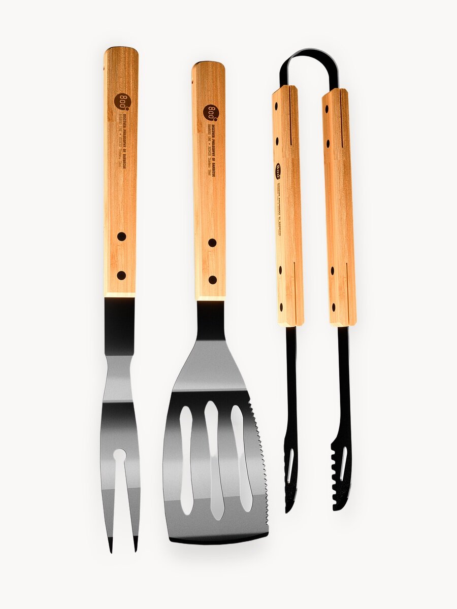 Набор для барбекю 3в1 800 Degrees (щипцы, лопатка, вилка, ручки из бамбука)