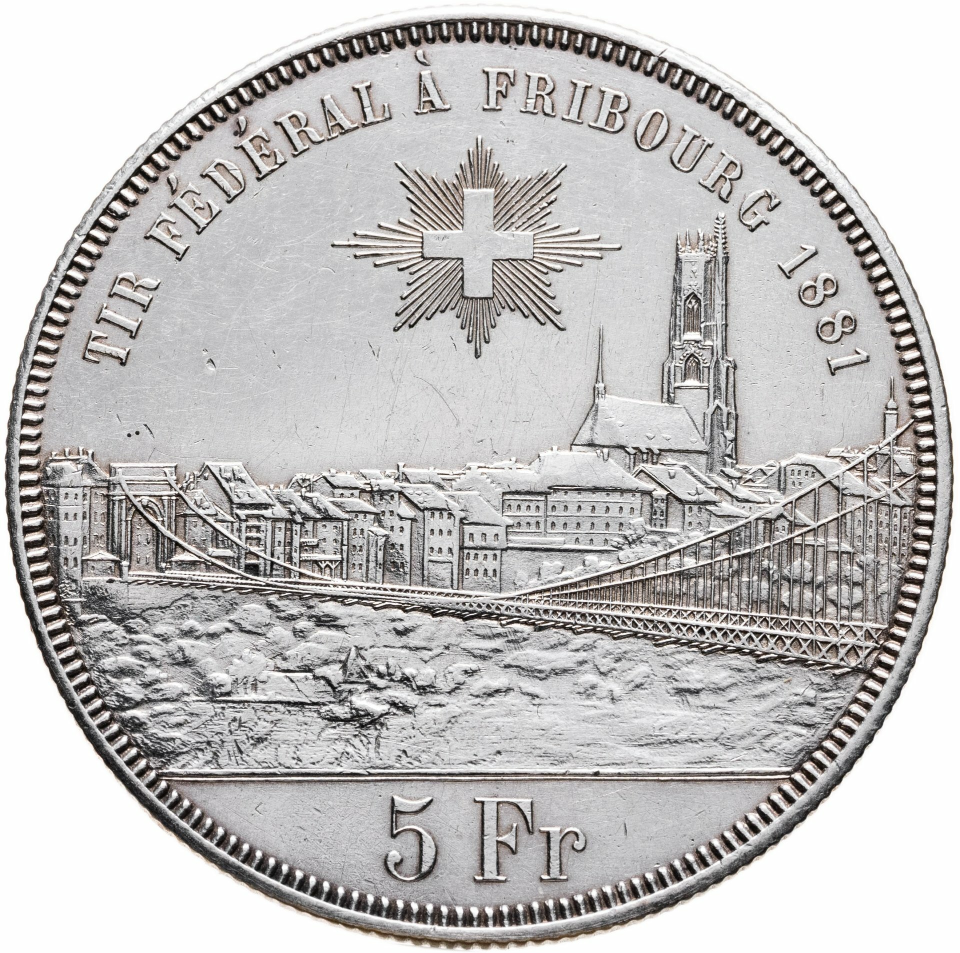 Швейцария 5 франков 1881 "Стрелковый фестиваль во Фрибуре", Серебро 835, в сохранности XF-AU