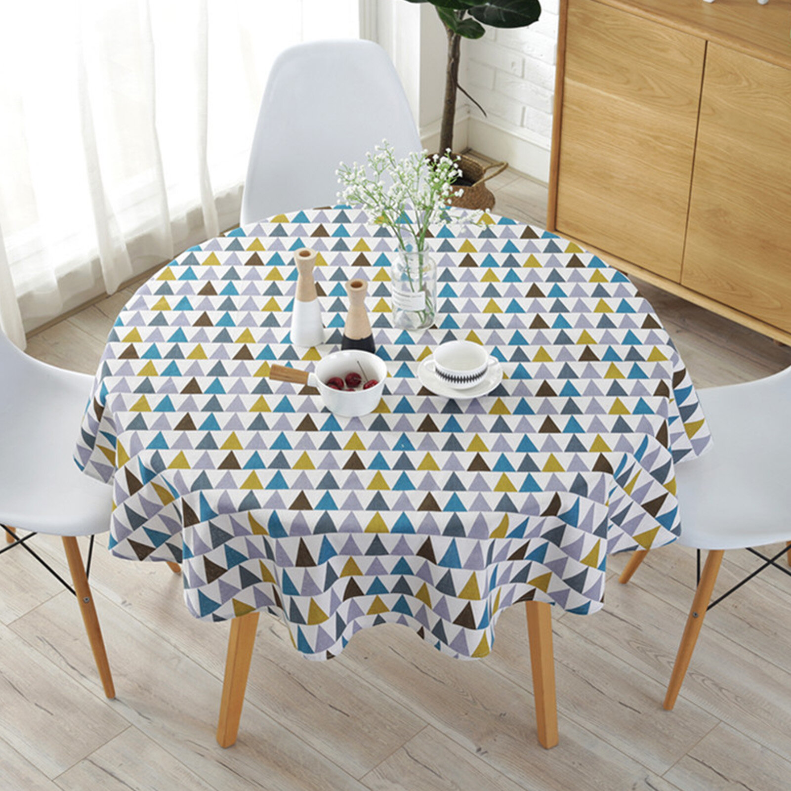 Покрышка для круглого стола в стиле Севера Европы из смеси терефена и хлопка, печать из цветных треугольников, белых линий и серых стрел, цвета: серый, желтый, разноцветный, диаметр: 1200мм, 1500мм, количество: 1 штука