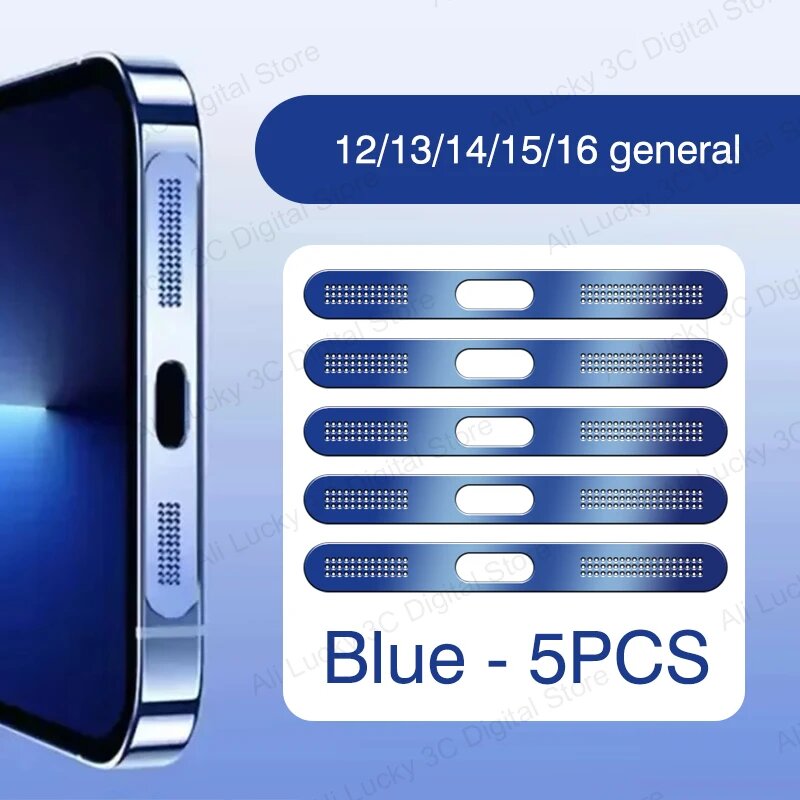 Металлическая пылезащитная сетка для IPhone 12, 13, 14, 15, 16 Pro Max, динамик, пылезащитная сетка, порт для зарядки, защита от царапин, наклейка, аксессуары 5 PCS - Blue