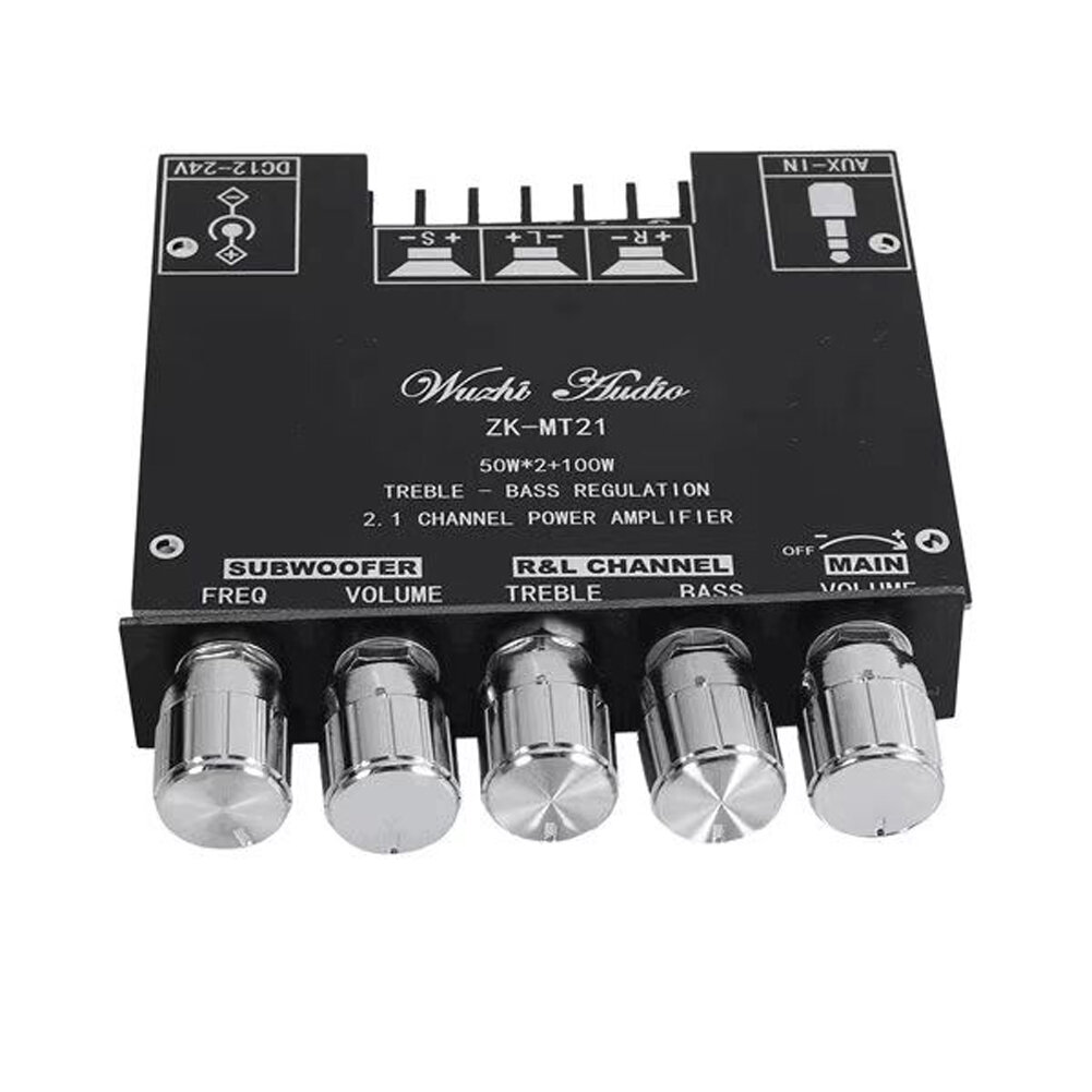 Модуль аудиоусилителя ZX-MT21 2.1-Канал BT 5.0 AUX DC12-24V 50W+50W+100W для колонок 4-8Ω 15-100W вес 130g размер 93*90*22mm
