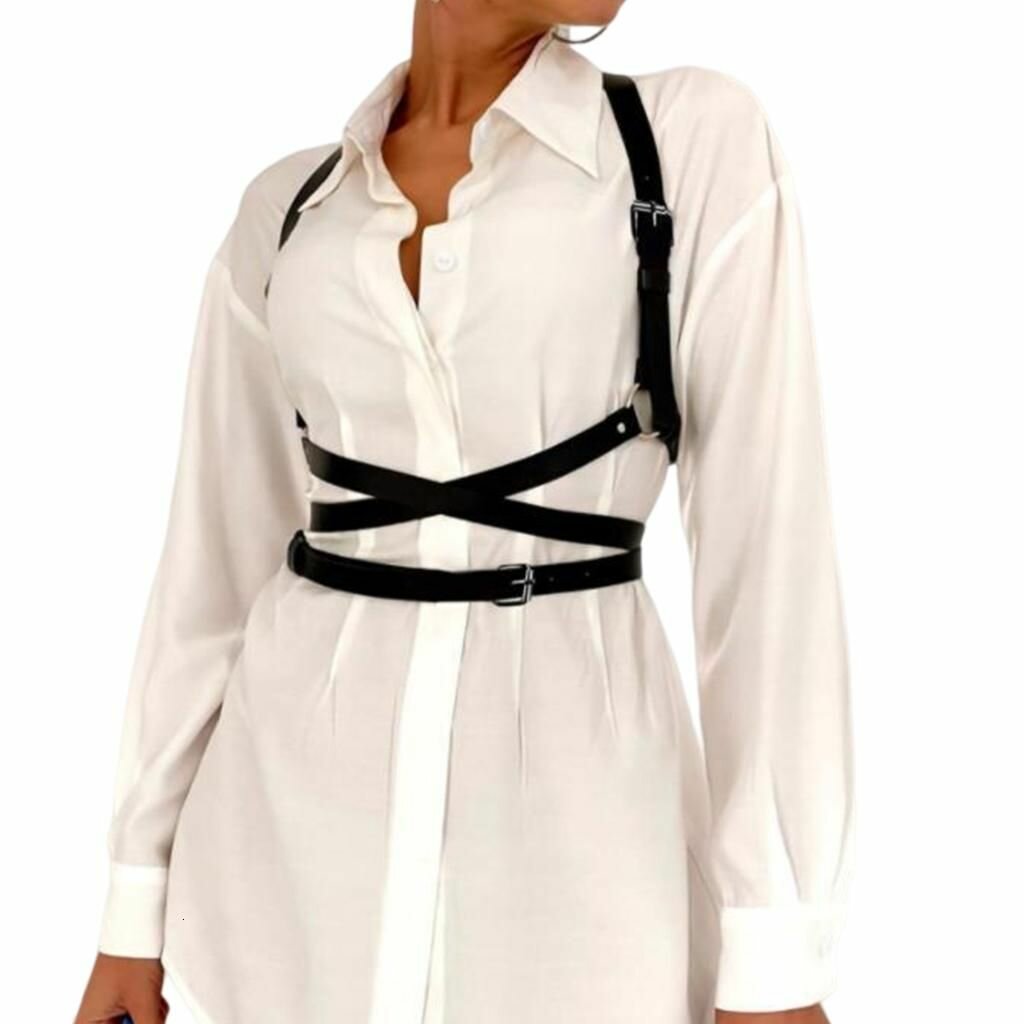 Кожаный корсет-хамесс с ремнями, - Черный Обычный