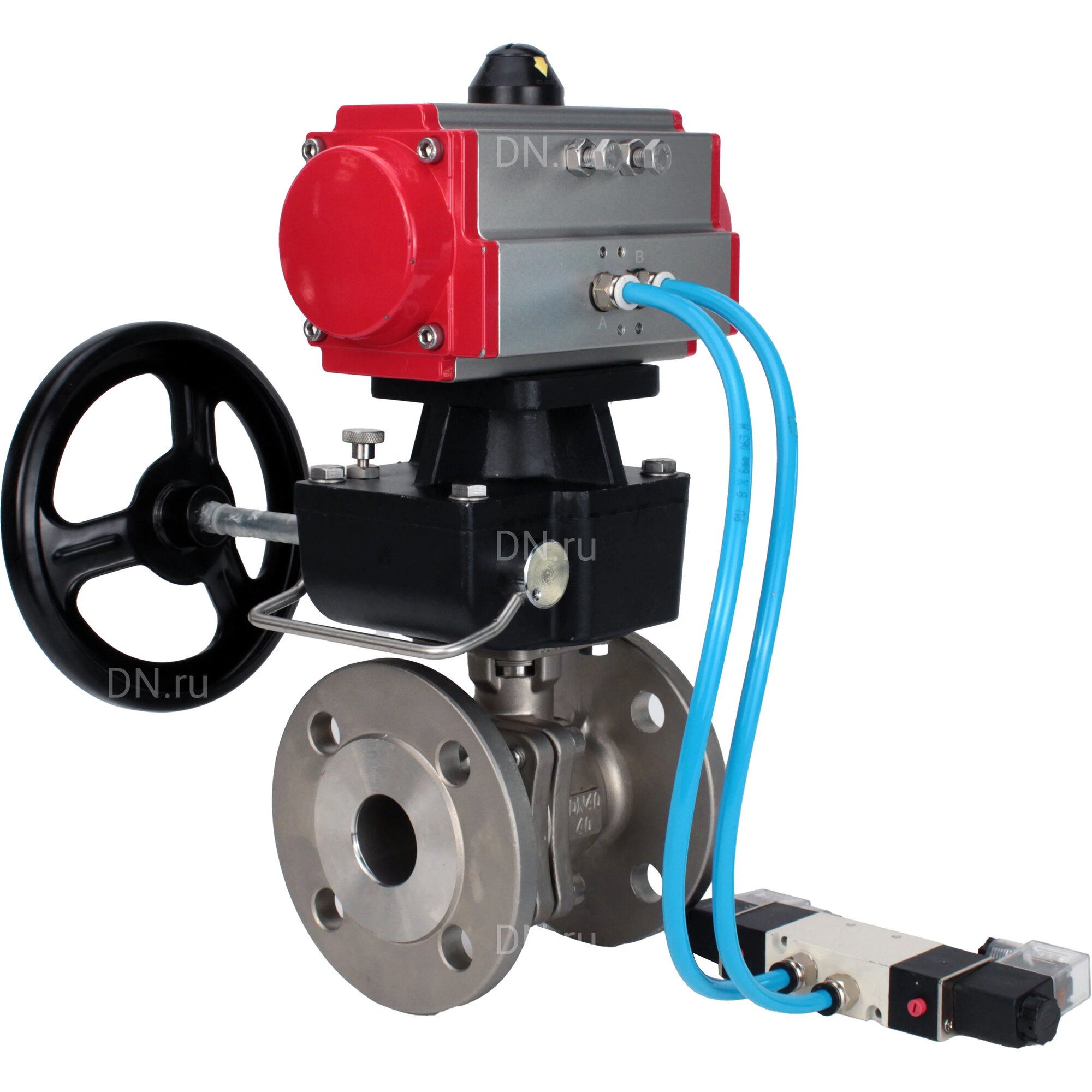 Кран шаровой DN.ru кшфп.316.200 Ду80 Ру16, фланцевый, полнопроходной, двухсоставной, корпус - нержавеющая сталь SS316, уплотнение - PTFE, с пневмоприводом DA-083, с пневмораспределителем PND1-S2EM-52-2-T10-220VAC, ручным дублером HDM-2