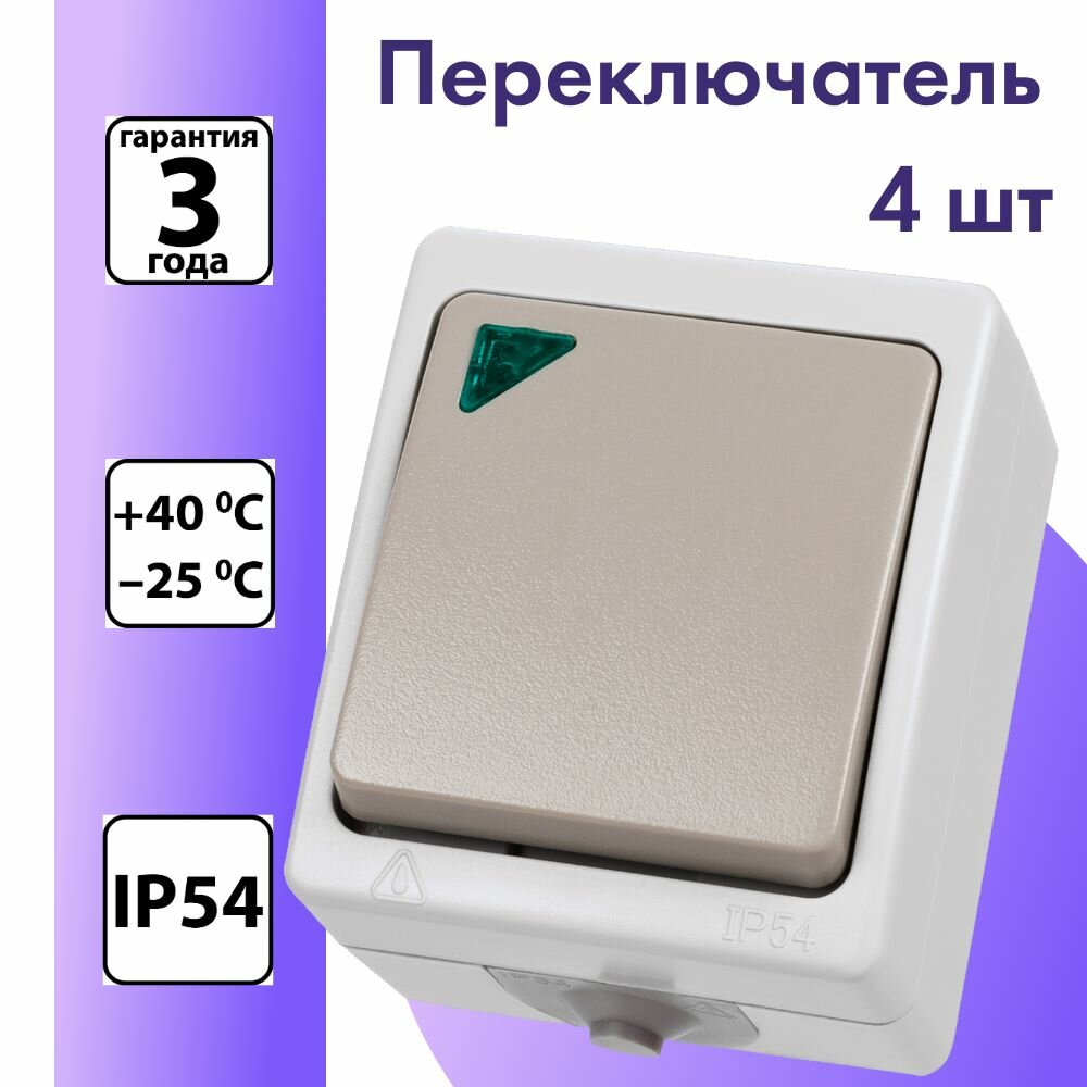 Переключатель на 2 направления одноклавишный с подсветкой открытой установки IP54 10А серый Вуокса TDM, 4 штуки