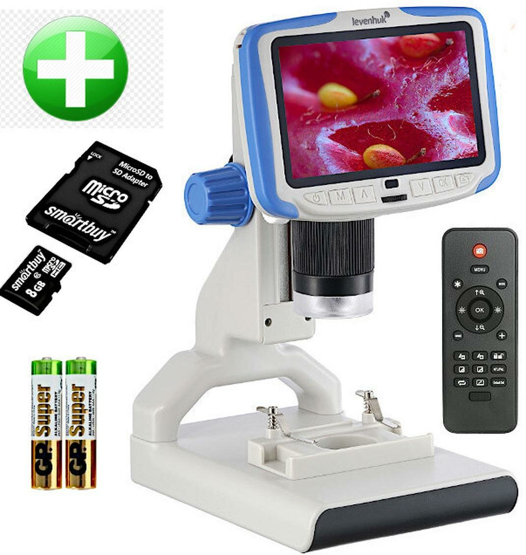 Микроскоп цифровой Levenhuk Rainbow DM500 LCD, с образцами, в подарок карта памяти microSD