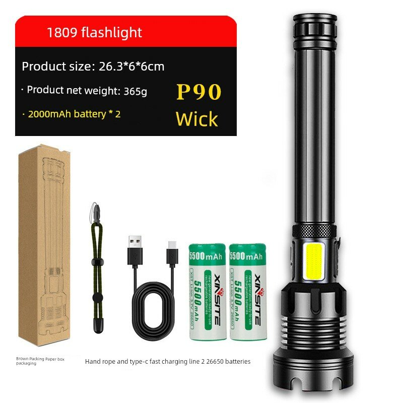 P90 Алюминиевый наружный водонепроницаемый светодиодный фонарь с USB-кабелем и 2x батареями 26650