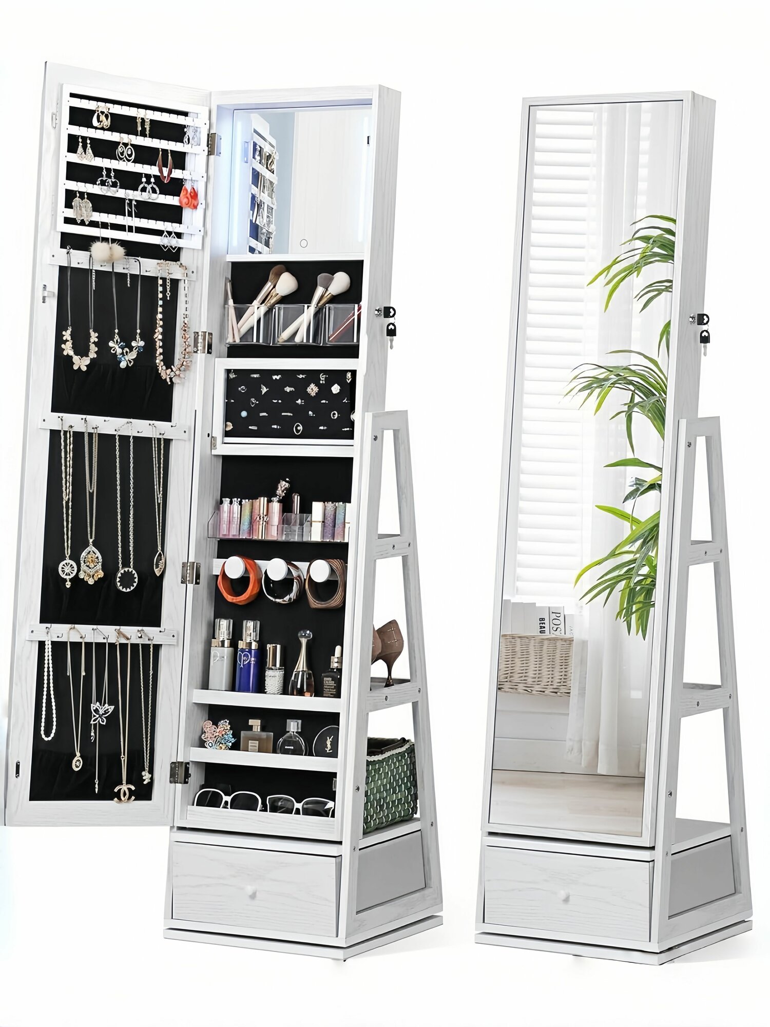 Напольной шкаф зеркало для украшений 163*40см белый подсветкое