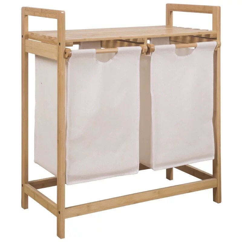 Деревянная корзина для грязного белья в японском стиле для домашнего использования с тканью, сортировка одежды в ванной, корзина для грязного белья, двойной выдвижной контейнер для хранения одежды