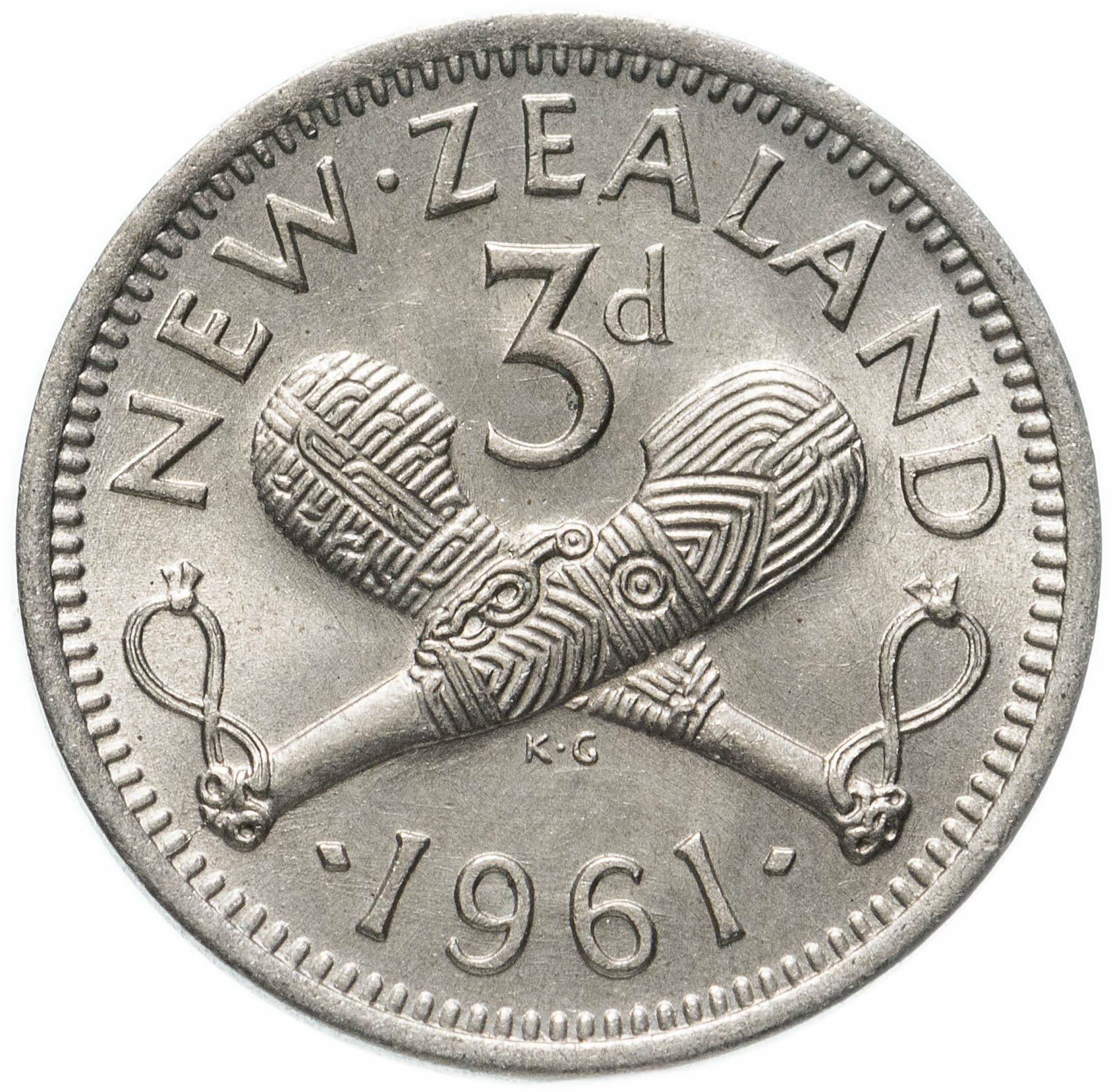 Новая Зеландия 3 пенса pence 1961, Мельхиор медь-никель, в сохранности AU