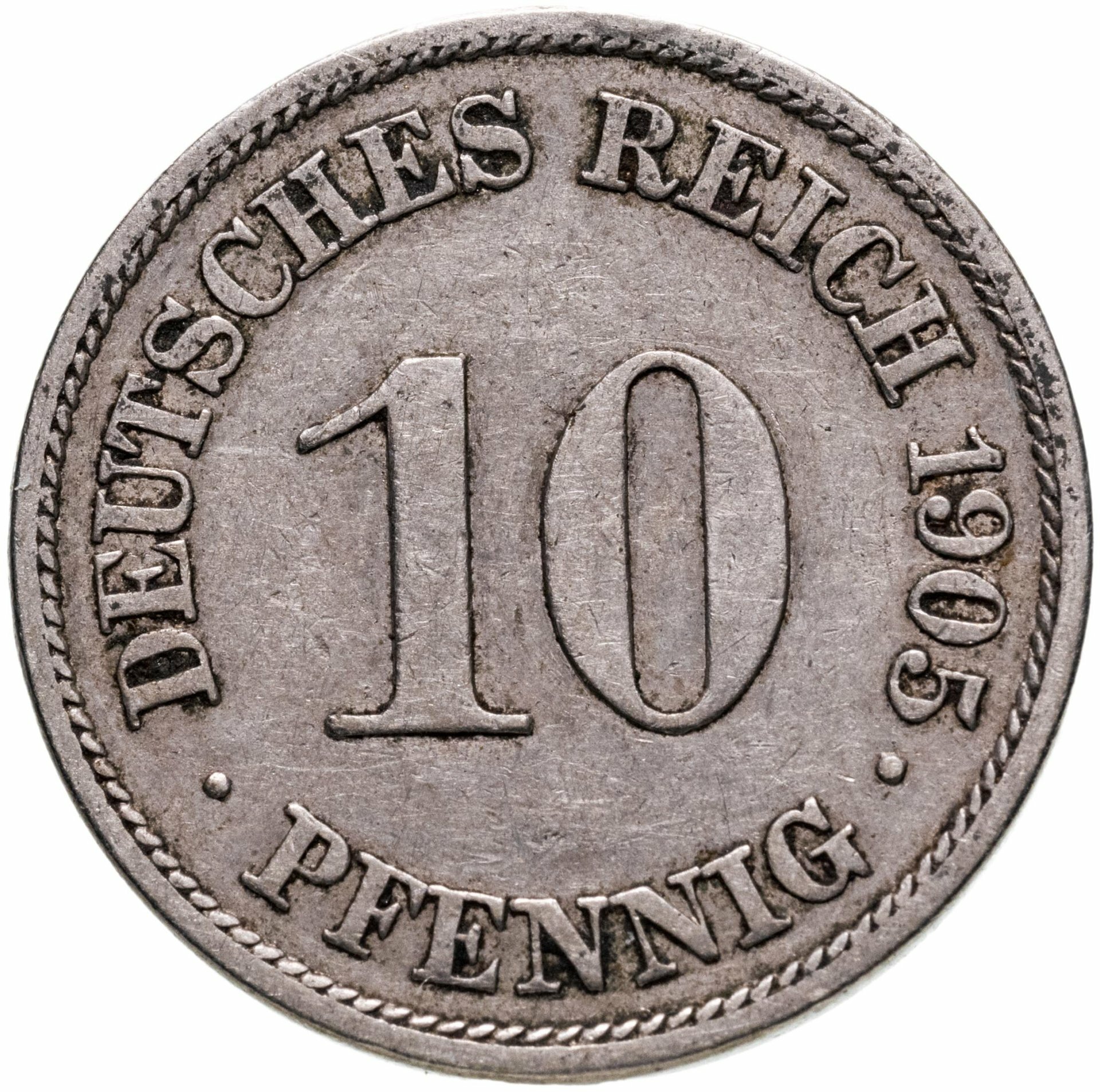 Германия 10 пфеннигов 1905 знак монетного двора: "A" - Берлин, Никель, в сохранности VF-XF
