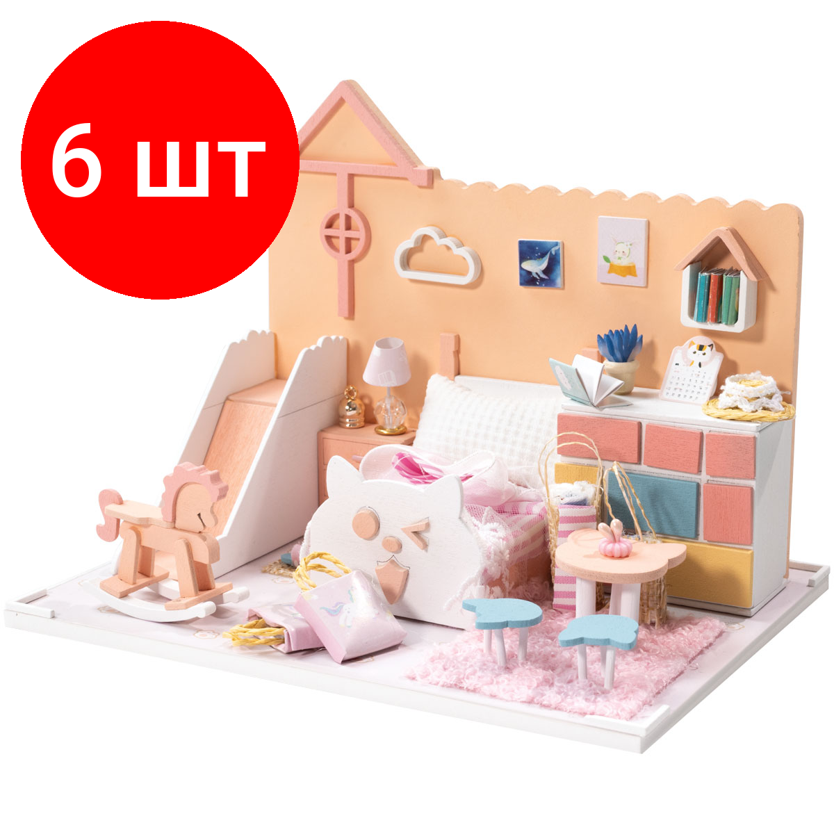 Комплект 6 шт, Сборная модель ТРИ совы, Румбокс "Детская комната с игровой зоной", инструменты, клей, картонная коробка