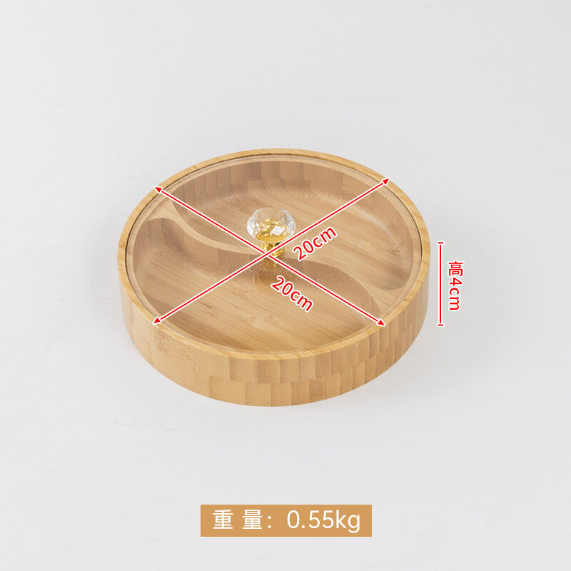 Бамбуковый поднос с 2 ячейками 20x20x4 см, круглый, с крышкой, боковое давление