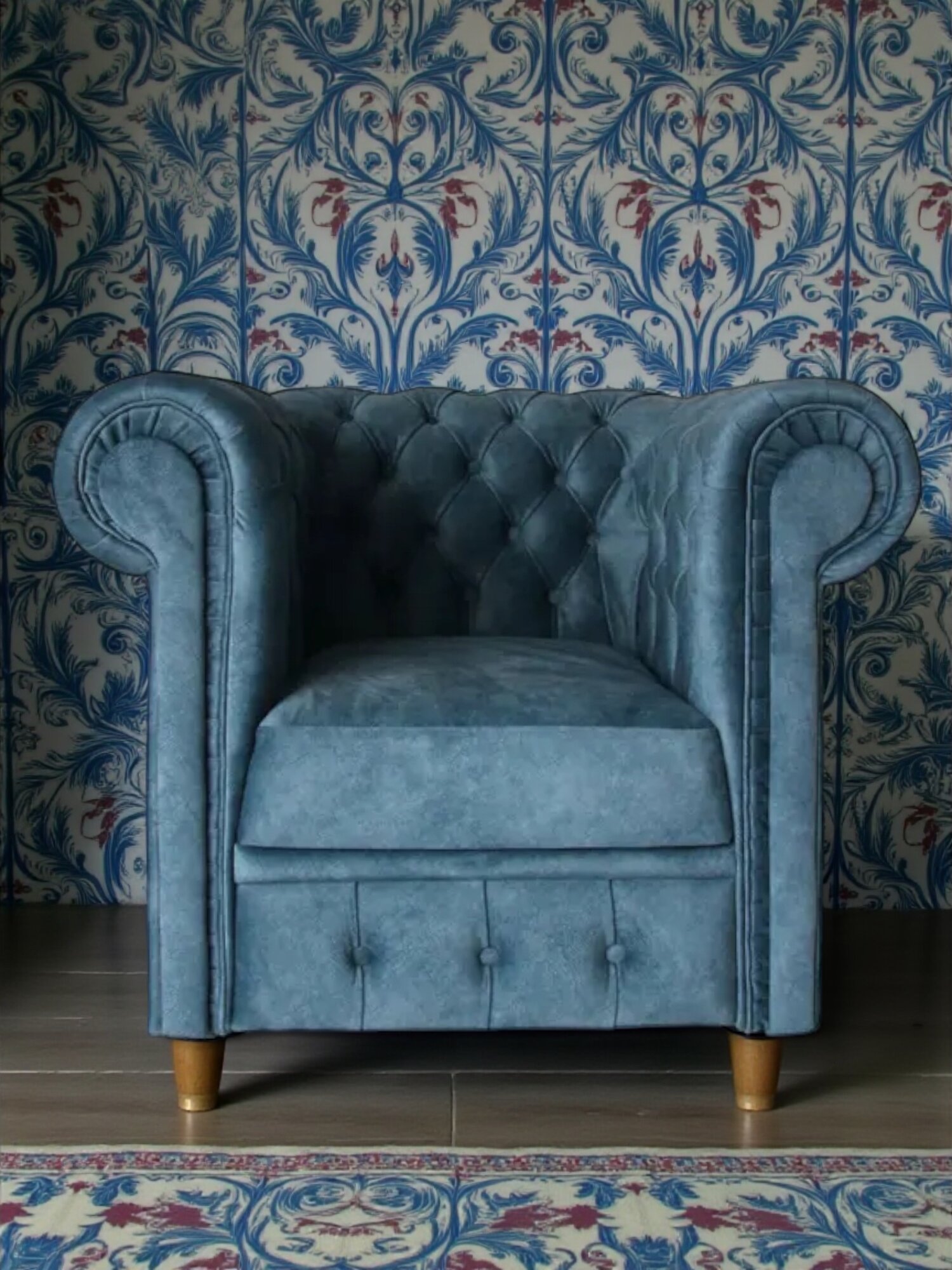 Кресло мягкое нераскладное "Честер", велюр Lambre 13 синий, 100х85х75 см