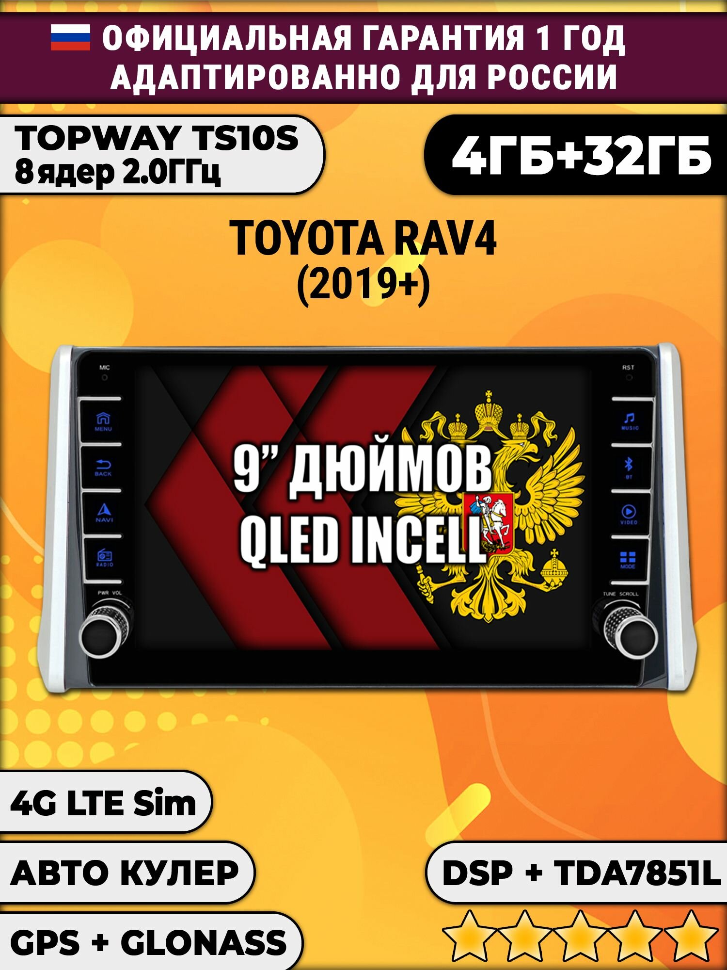8 ядер TS10S, память 4/32, для TOYOTA RAV4 (2019+), Android магнитола