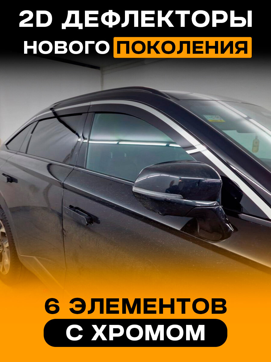Дефлекторы на Haval F7x (Хавал Ф7х) 2 поколение, 2024-2026, 2D ветровики на окна автомобиля, с хром молдингом