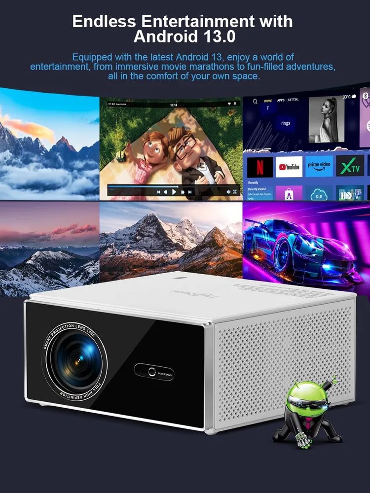 ThundeaL Проектор ThundeaL 2K 4K Full HD 1080P проектор TDA7W 32G Android 13 WiFi 6 Домашний кинотеатр TDA7 Лучевой проектор для видео встреч на открытом воздухе, 1LCD, белый