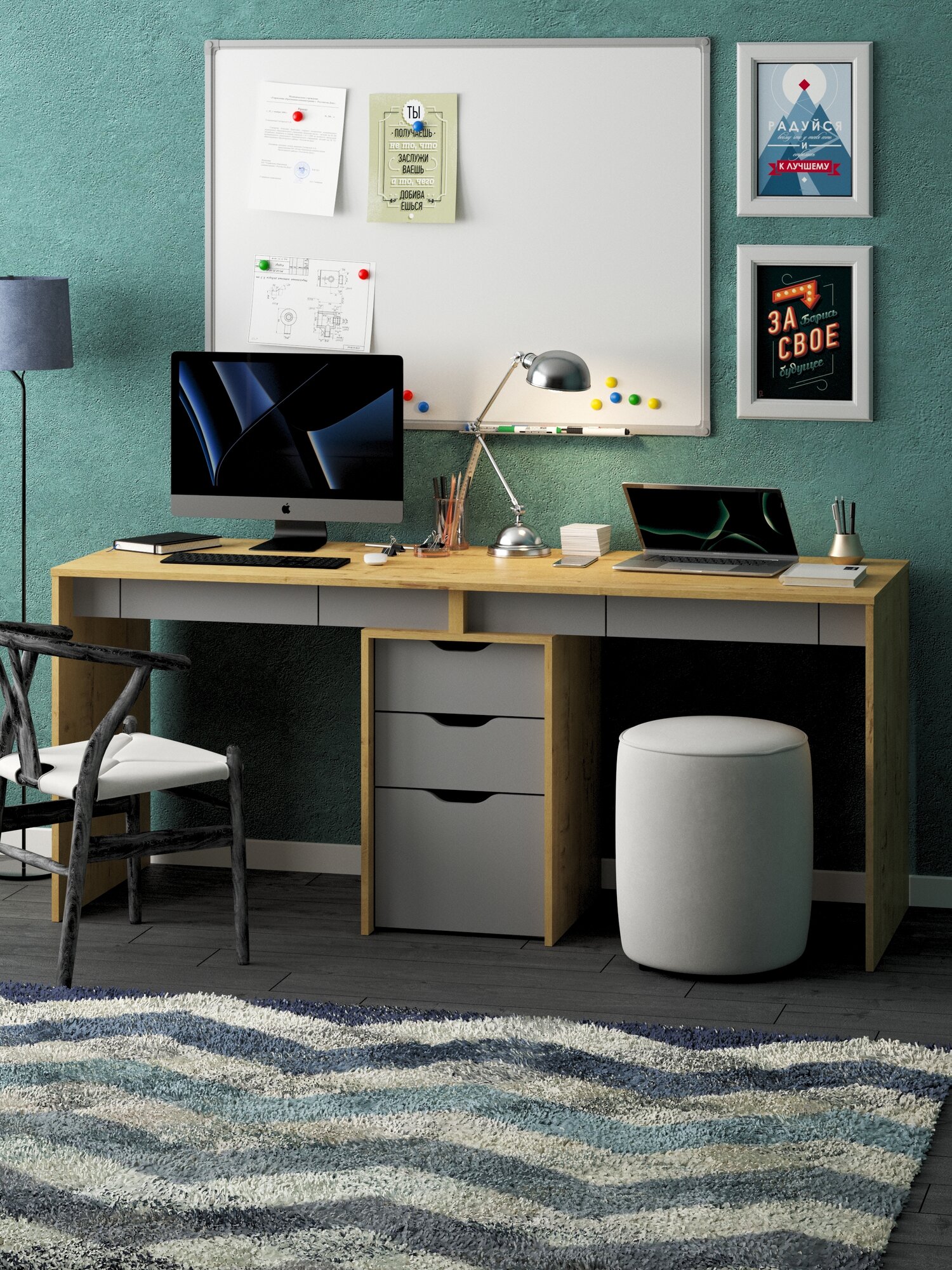 Есэндвич Grand Лаворо 5 Компьютерный стол для двоих, двойной, с тумбой 180х60х77 см (Дуб бунратти/Вулканический серый)