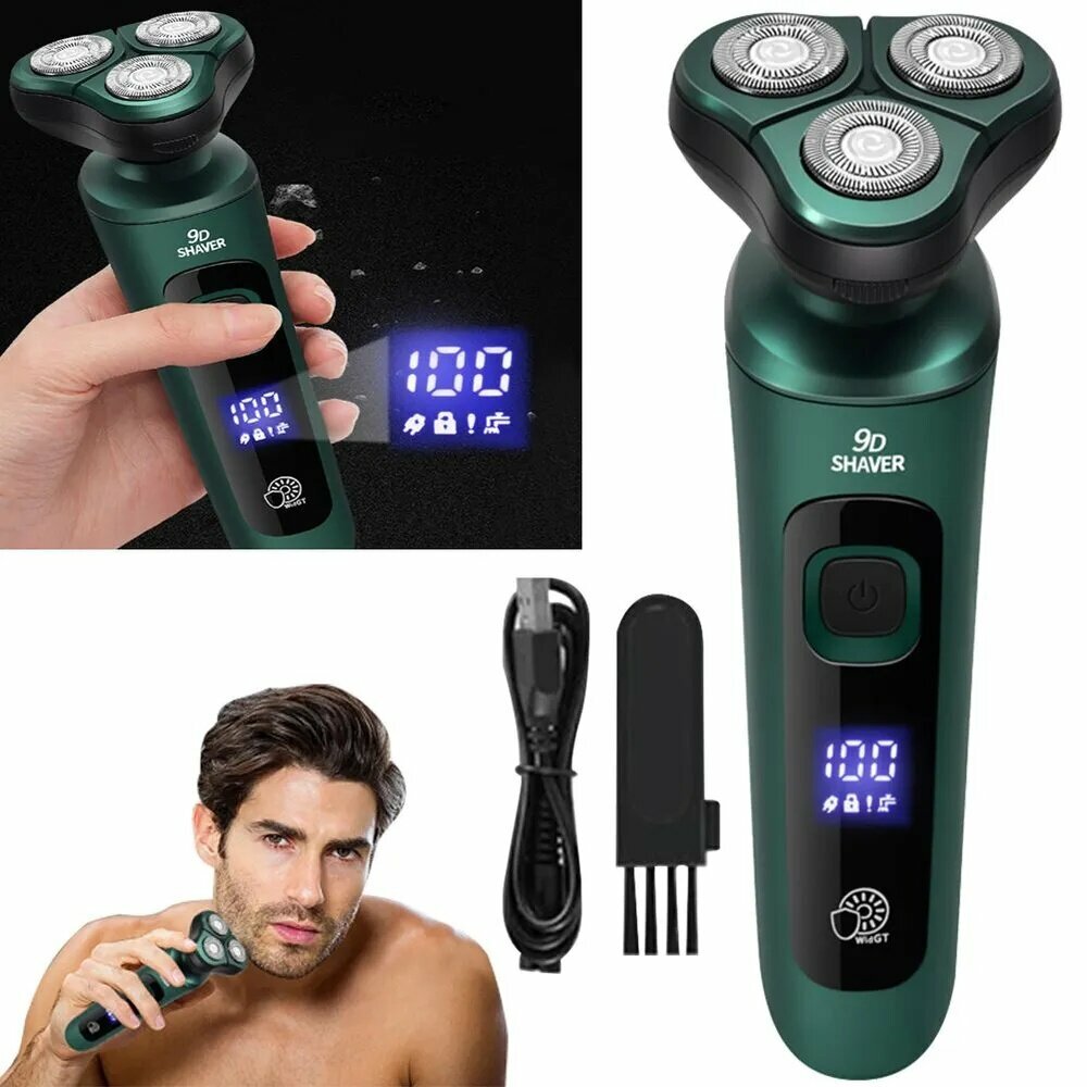 Электробритва Мужская электрическая дорожная бритва с USB-зарядкой и плавающей бритвой с тремя головками, темно-зеленый