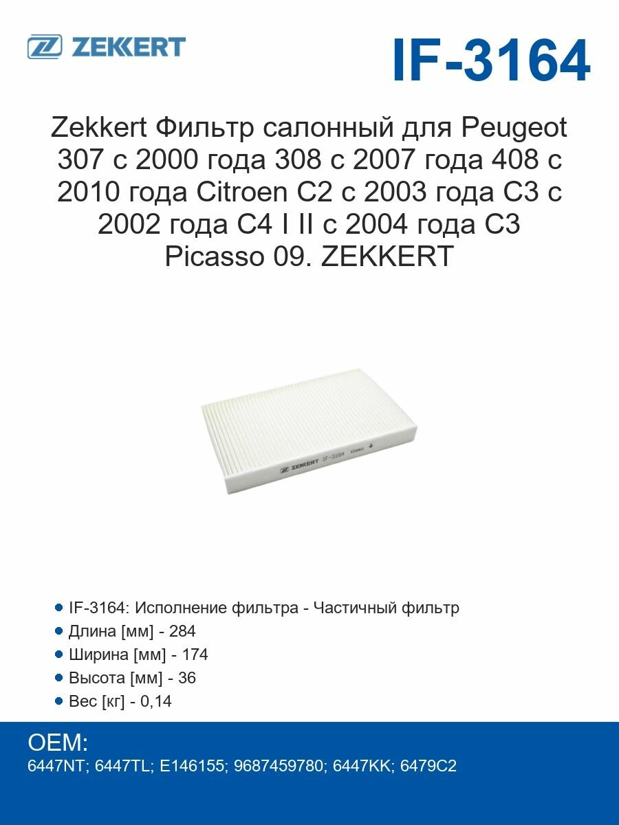 Zekkert Фильтр салонный для Peugeot 307 с 2000 года 308 с 2007 года 408 с 2010 года Citroen C2 с 2003 года C3 с 2002 года C4 I II с 2004 года C3 Picasso 09. ZEKKERT