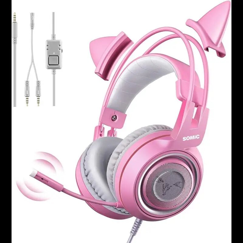 SOMIC G951S Фиолетовая стерео игровая гарнитура с микрофоном для PS4, PS5, Xbox One, ПК, телефона, съемное кошачье ухо 3,5 мм с шумоподавлением