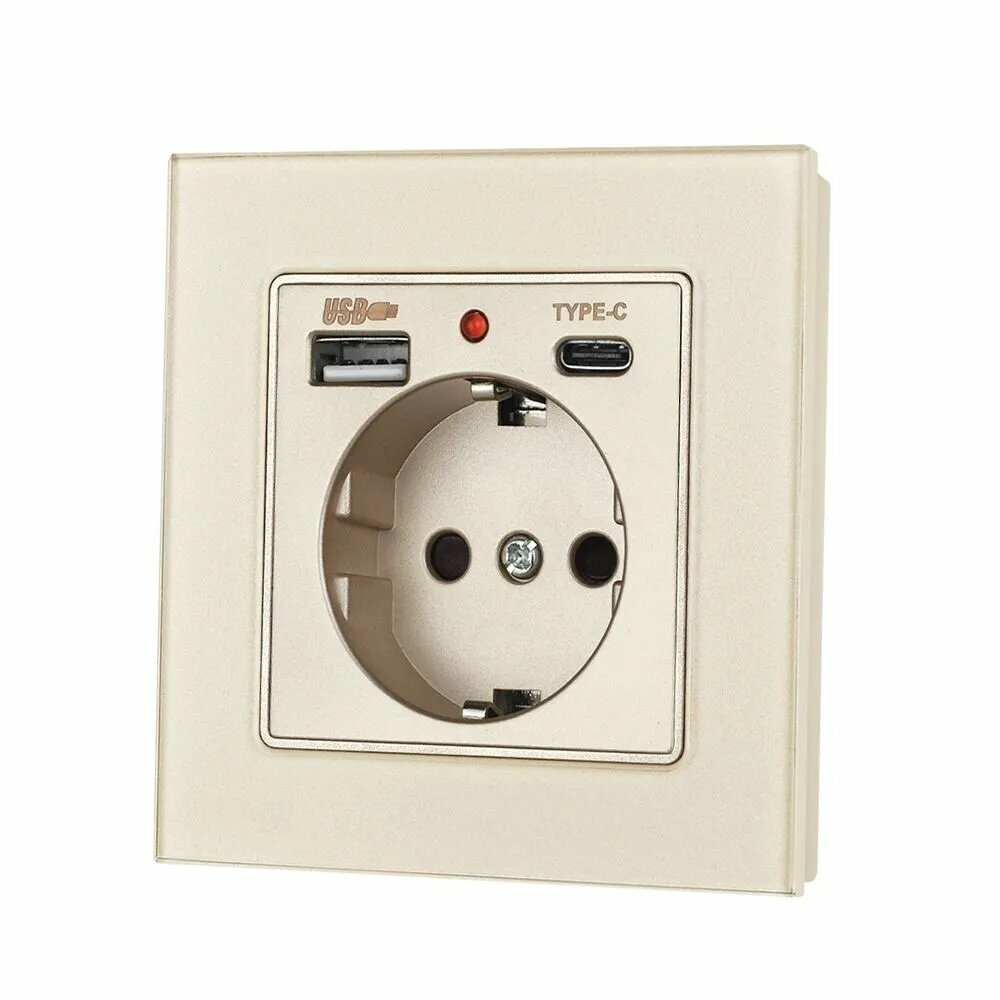 Розетка с USB и type-C входами, 2 пост, 1 Розетка, рамка закаленное стекло Золотой 153mm 1 шт