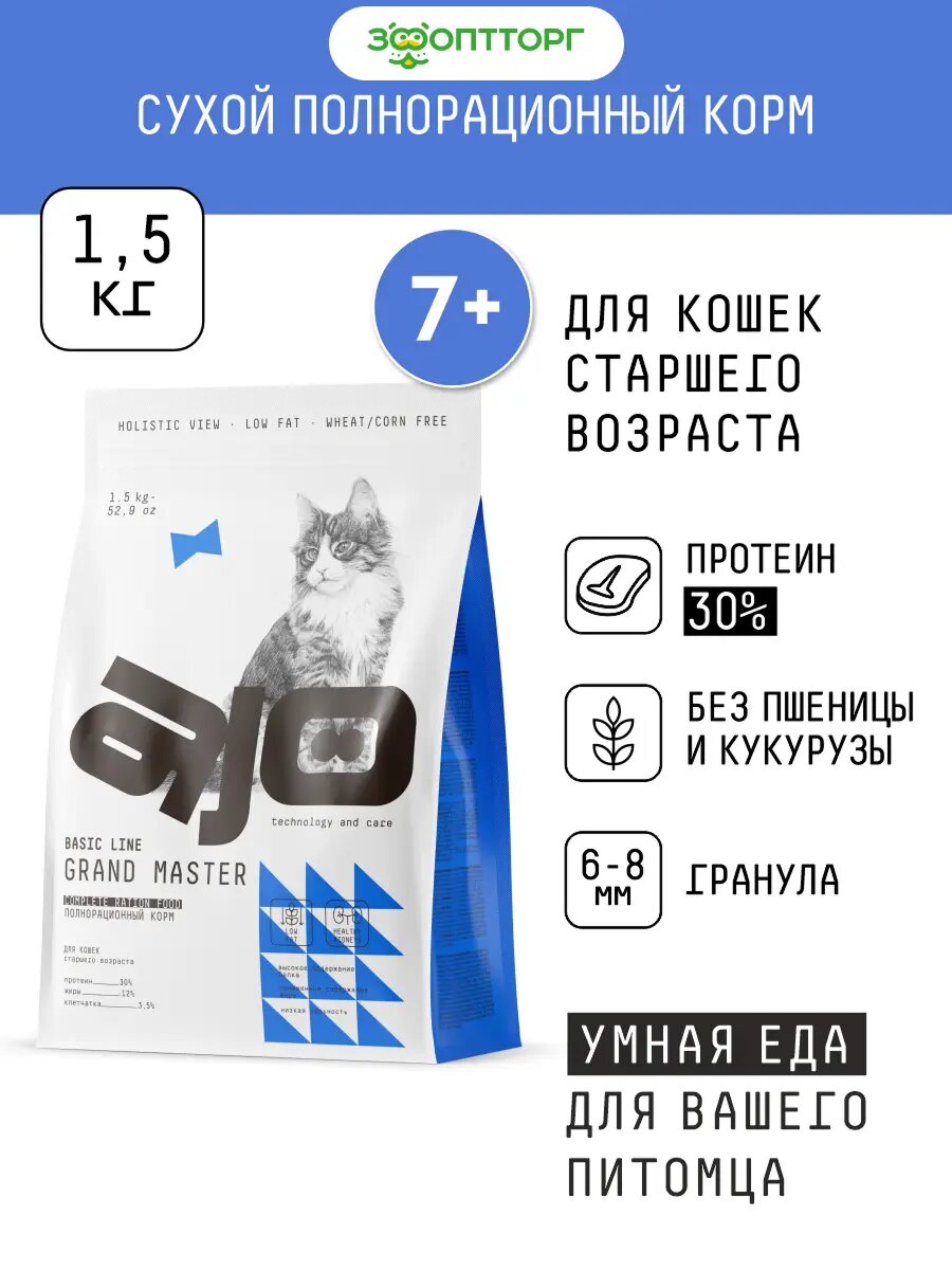 Сухой корм AJO Grand Master полнорационный для кошек старшего возраста Курица, 1,5 кг.
