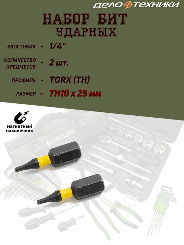 Набор бит Дело Техники "TORX", ударные, 1/4', Т10х25 мм, с отверстием, 2 шт.