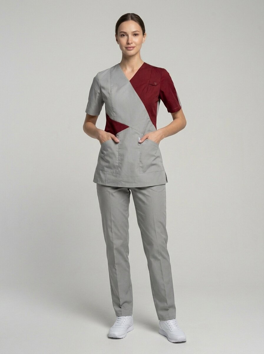Медицинский костюм (хирургичка) вилан короткий рукав, серый/бордовый, размер 52-54, рост 158-164