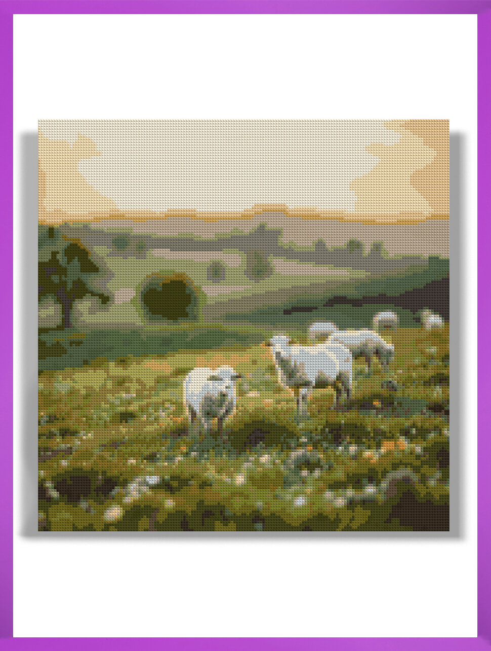 Алмазная мозаика на подрамнике - вышивка - Овечки в поле 40х40