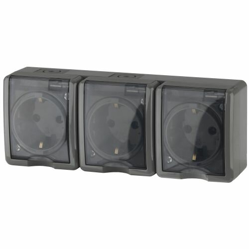 Розетка тройная ЭРА Эксперт 11-2405-03, IP54, серая, открытый монтаж, 16 A