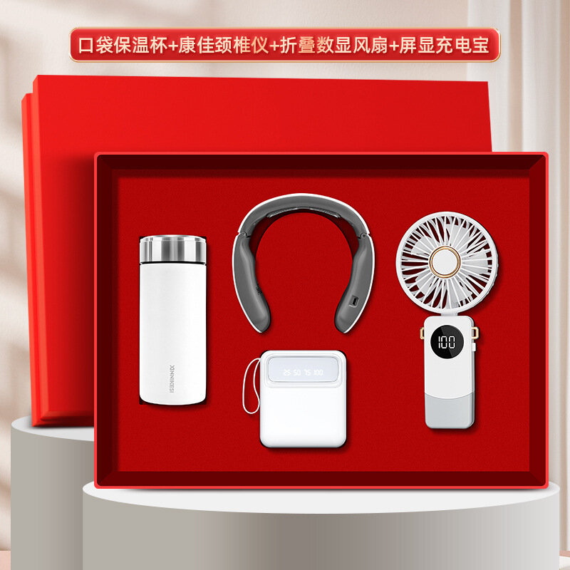Бизнес-подарок: набор массажера для шеи Konka, фена и термоса, корпоративный подарок для клиентов с индивидуальным логотипом