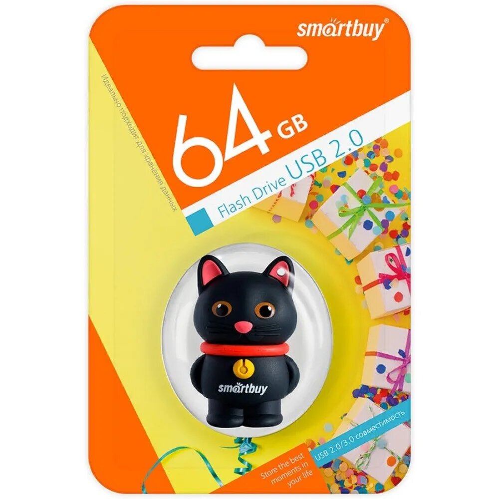 USB флеш накопитель 64 Gb SmartBuy Wild series Котенок черный (SB64GBCatK)